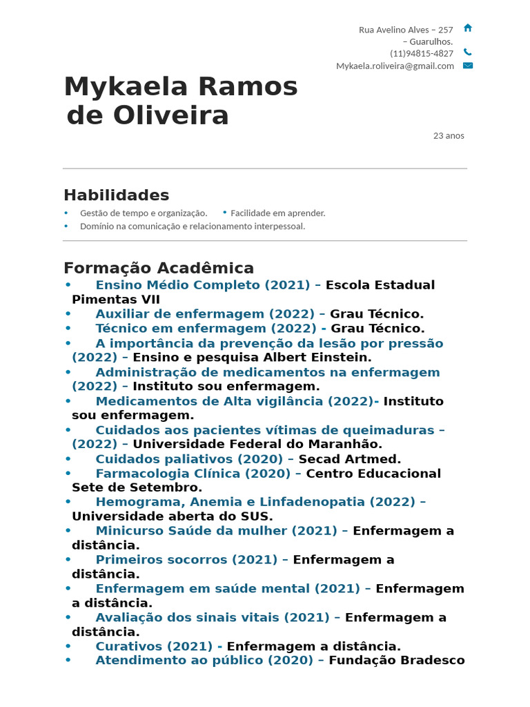 Mykaela Oliveira. Currículo... | PDF