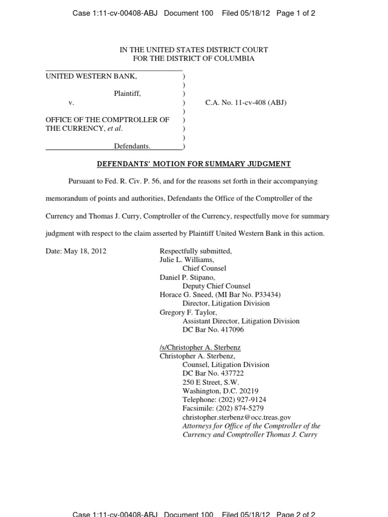 Uwbk 5-18-2012 Fdics Cross Motion For Summary Judgement | PDF | Capital ...