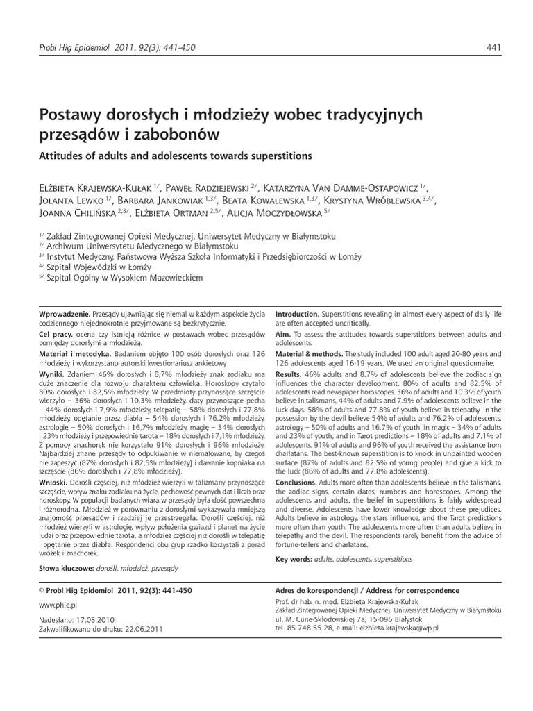 Postawy Dorosłych I Młodzieży Wobec Tradcyjnych Przesądów I Zabobonów | PDF