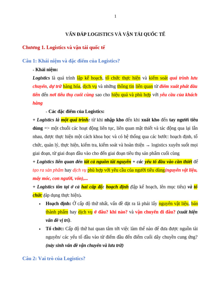 Vấn Đáp Logistics Và VTQT DONE | PDF