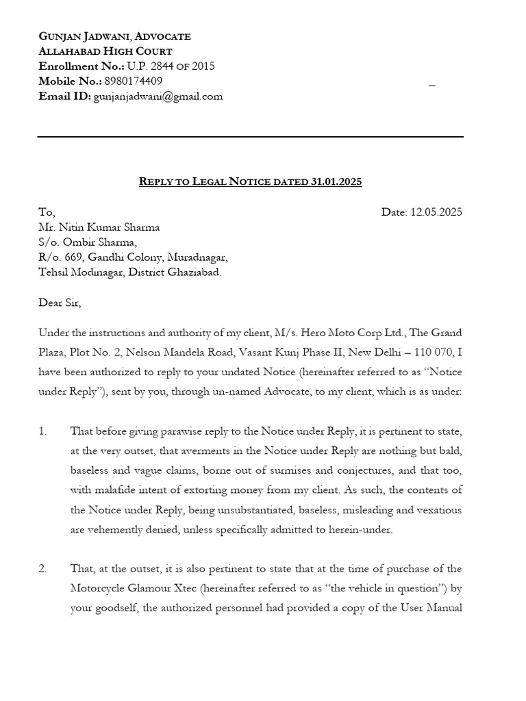 Legal Notice Reply - Final | PDF | Vehicles | Manufactured Goods