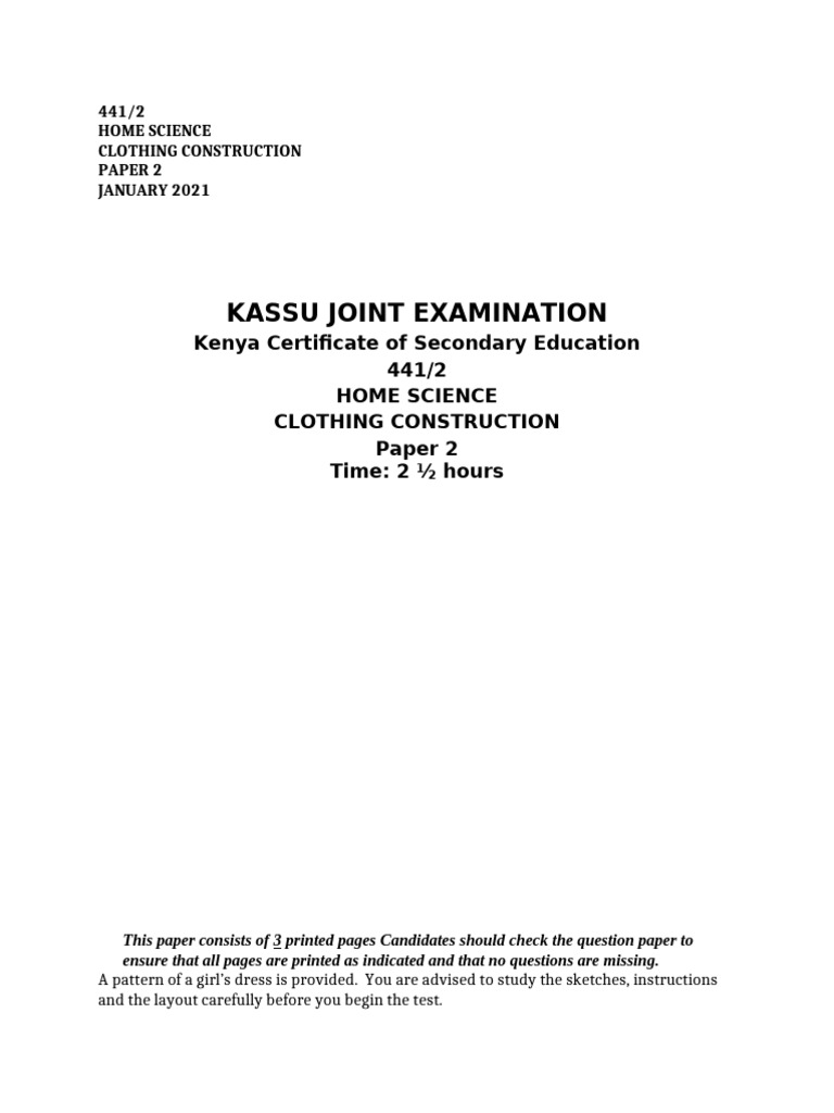 2021 Kassu Home Science p2 Qns Teacher - Co .Ke | PDF | Seam (Sewing ...