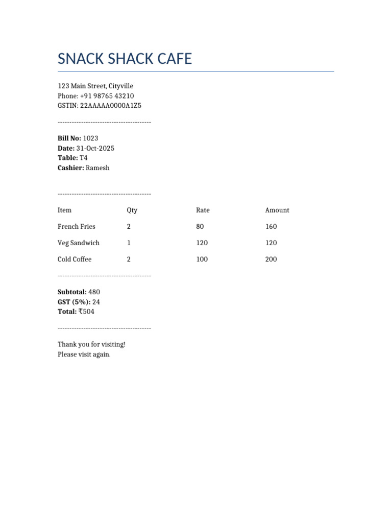 Snack Shack Cafe Bill Summary | PDF