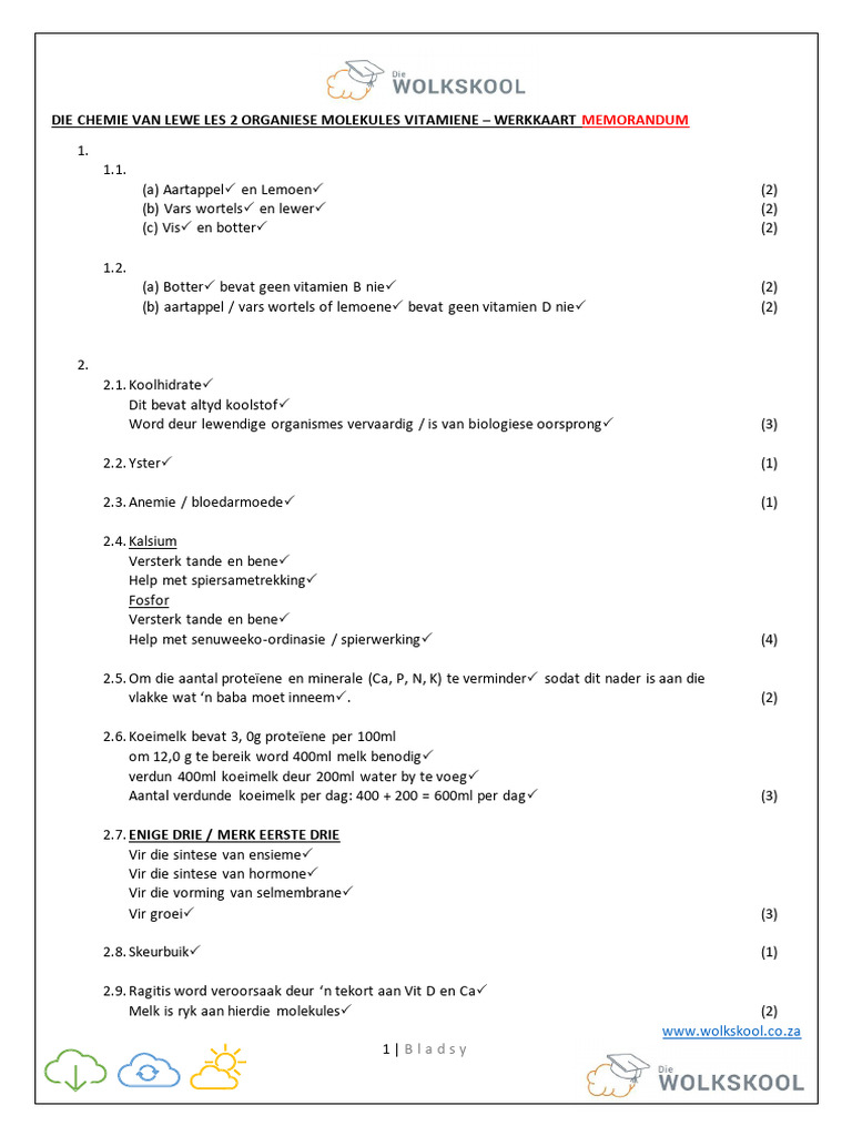 DIE CHEMIE VAN LEWE LES 2 ORGANIESE MOLEKULES VITAMIENES Werkkaart MEMO ...