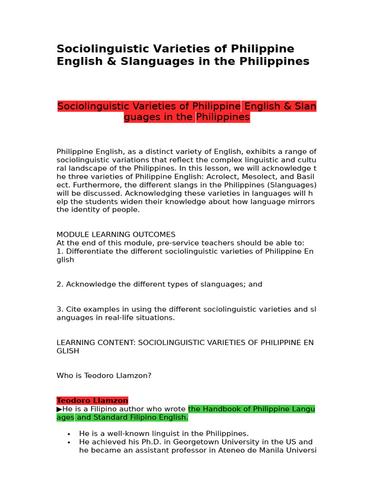 Philippine English Varieties & Slanguages | PDF | English Language ...