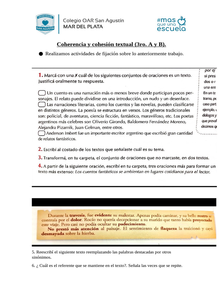 Coherencia y Cohesión Textual 3ro A y B | PDF