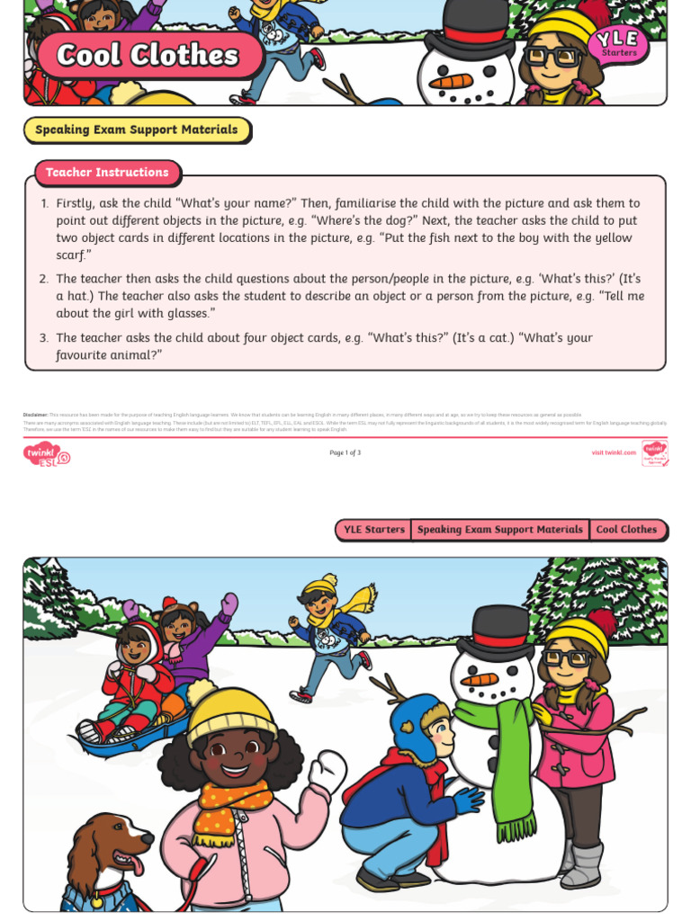 T 1716711763 Yle Starters Speaking Exam Material Cool Clothes Kids Pre A1 Ver 1 | PDF