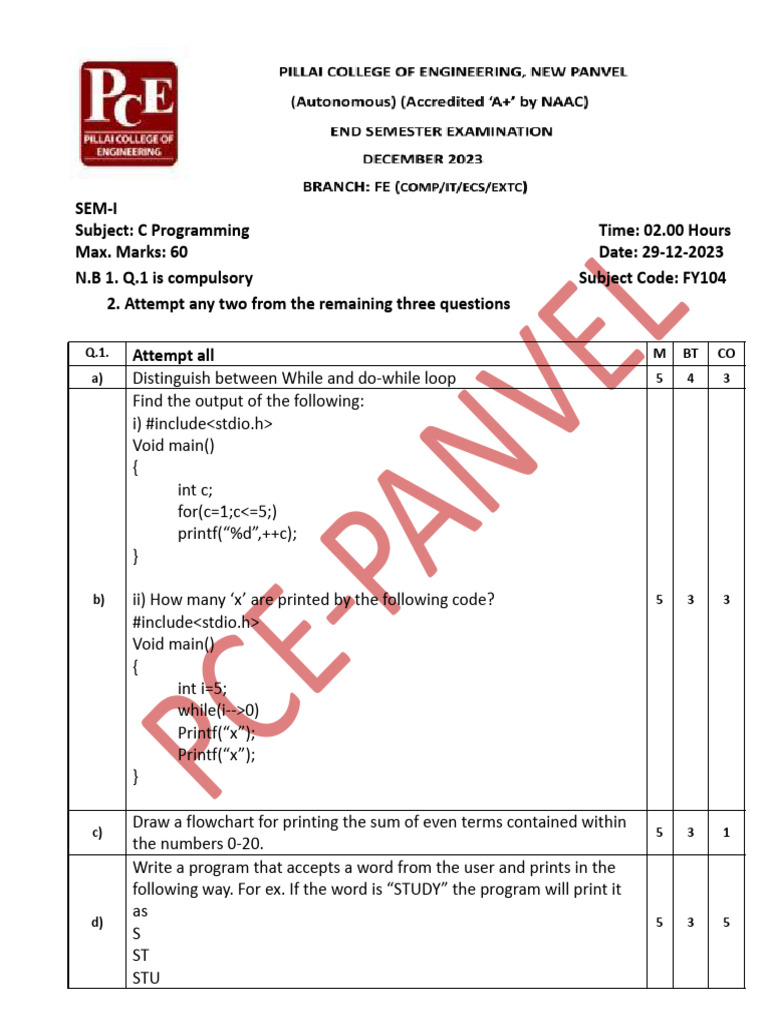 FY104 - C PROGRAMMING Template For 60 Marks | PDF | Software Development | Programming Paradigms