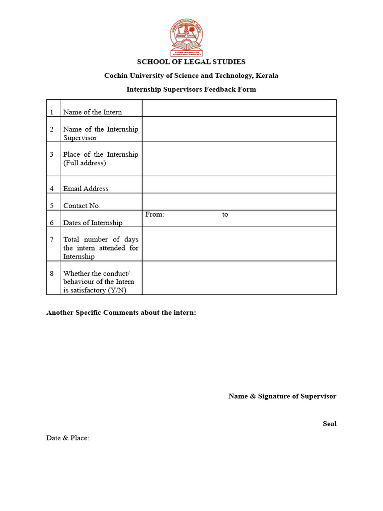 Internship Supervisor Feedback Form | PDF