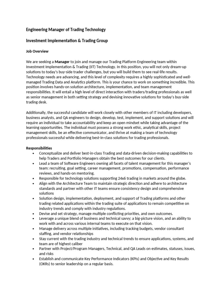 Trading Technology Engineering Manager | PDF | Analytics | Software ...