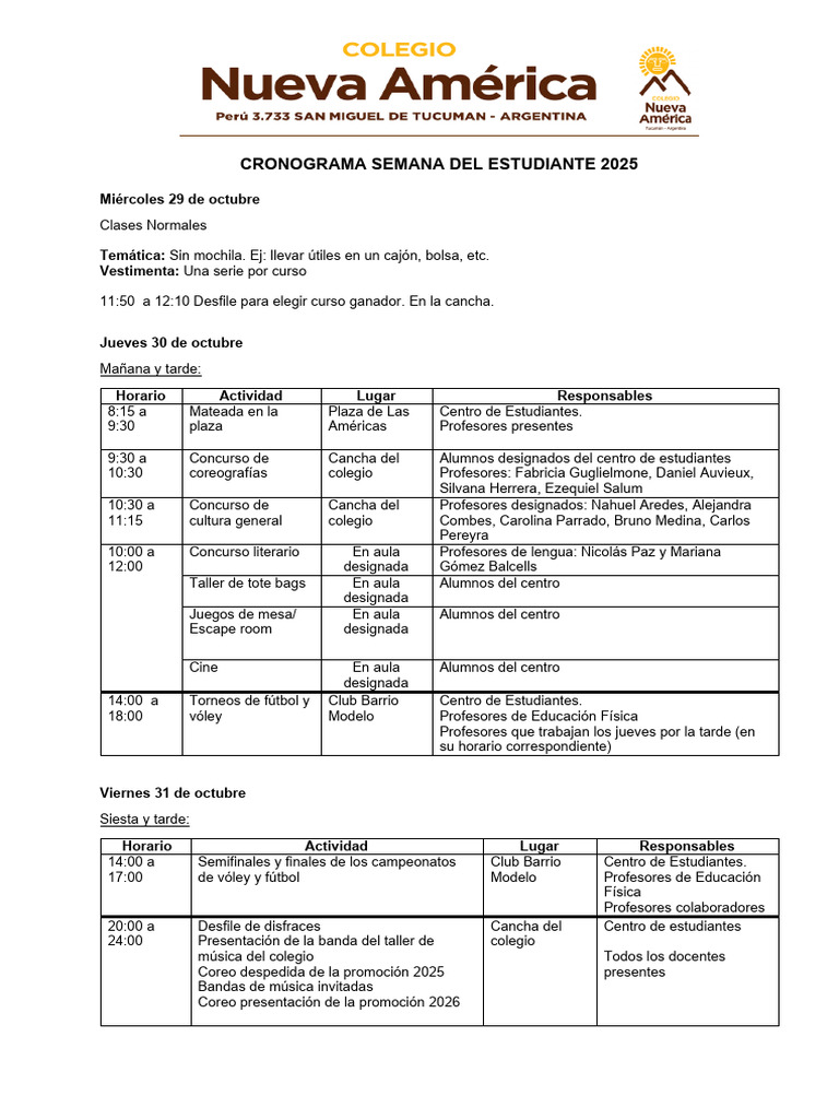 Cronograma Semana del Estudiante 2025 | PDF