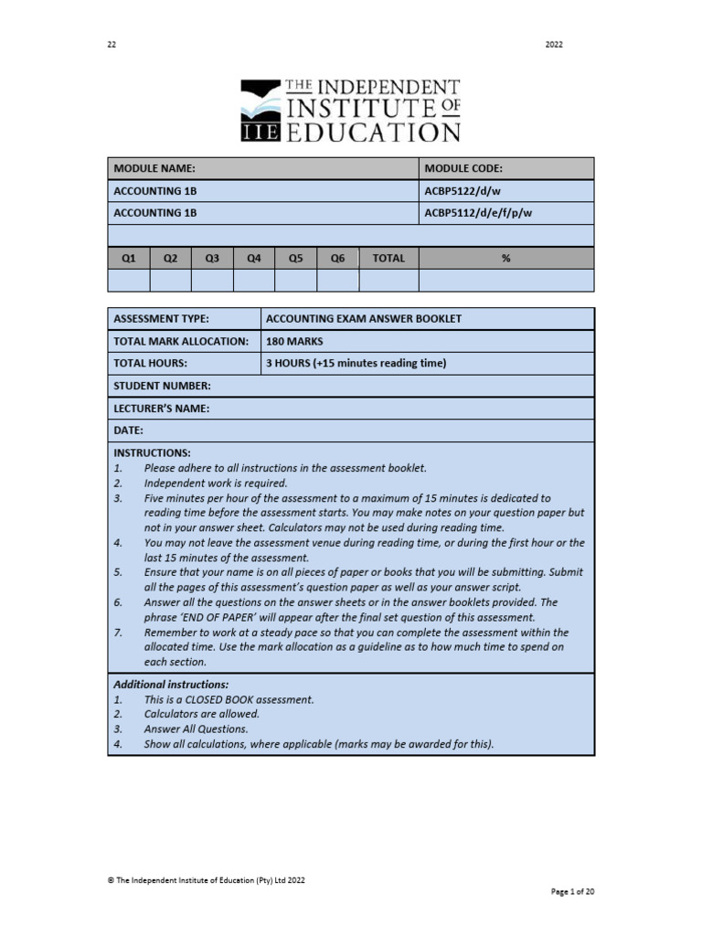 ACBP5122Ea - Answer Booklet | PDF | Debits And Credits | Banks