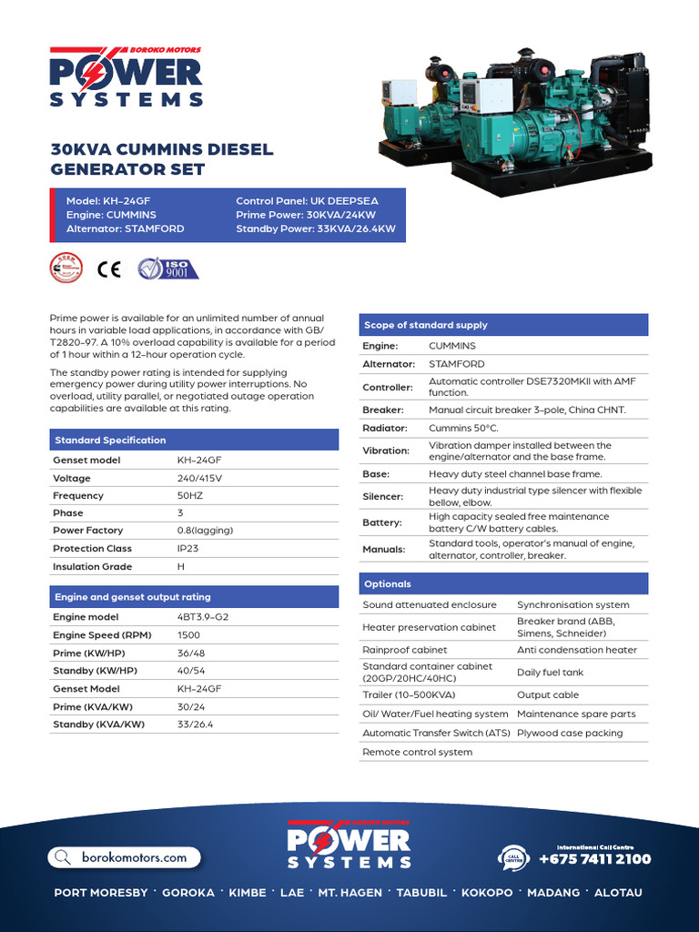 BM A4 Spec Sheet Prime Power 30KVA CUMMINS Diesel Generator Set v4 ...