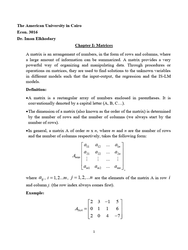 3061 Chapter 1 Matrices | PDF | Matrix (Mathematics) | Algebra