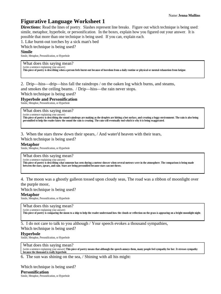 Figurative Language Worksheet 01. | PDF | Metaphor