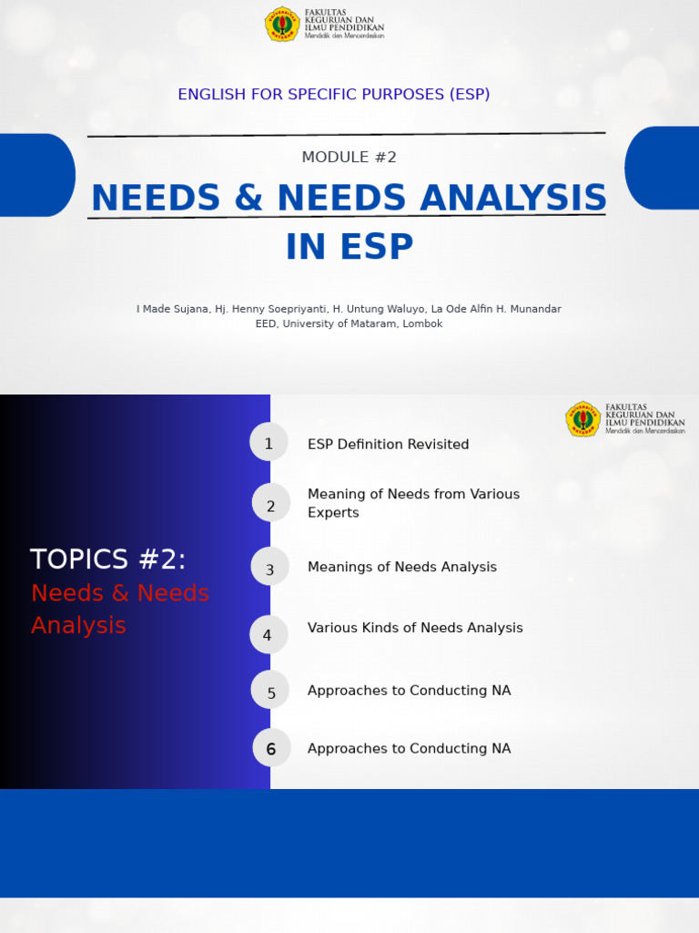 Understanding Needs Analysis in ESP | PDF | Learning | Human Communication