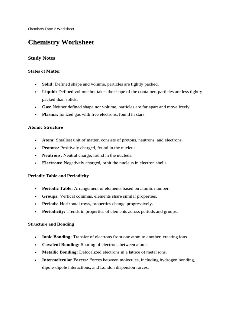 Chemistry Form 2 Study Guide Worksheet | PDF | Chemical Bond | Periodic ...