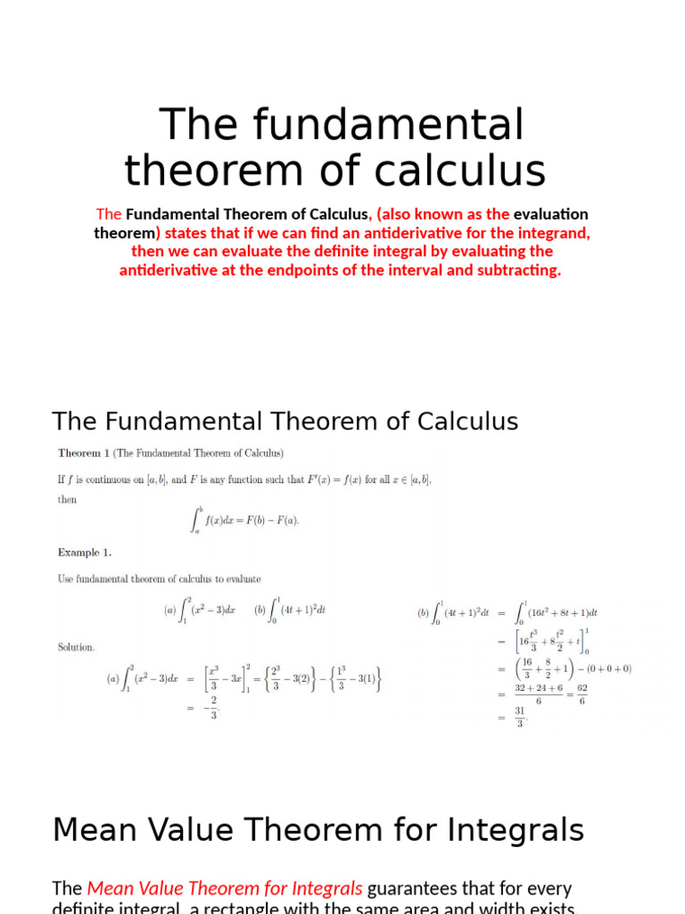 The Fundamental Theorem of Calculus and Mean Value Theorem For Integrals | PDF