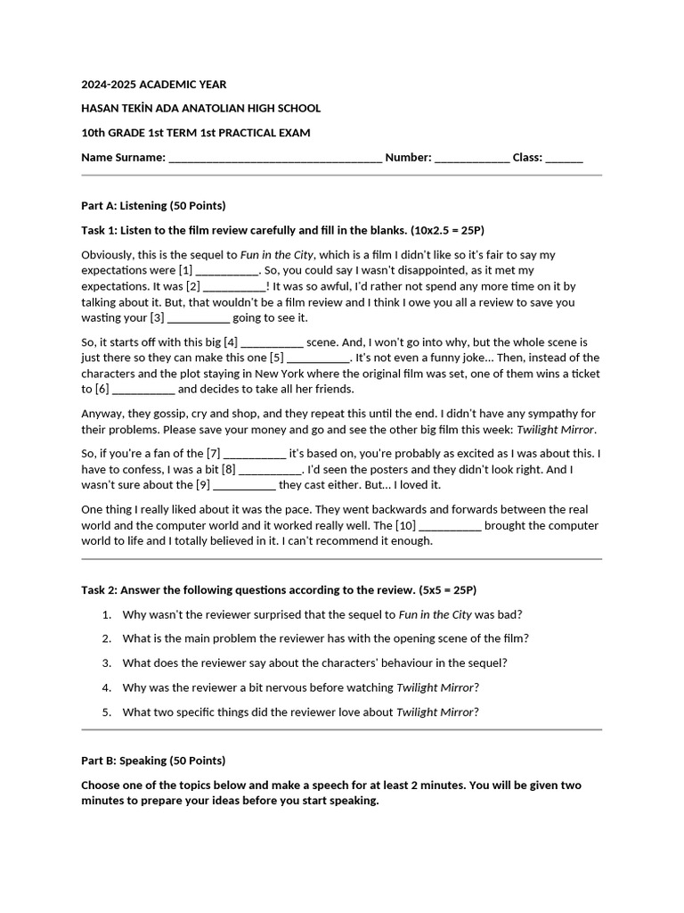10th Grade Practical Exam: Film Review | PDF