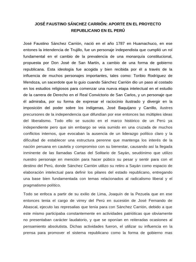 José Faustino Sánchez Carrión La Soledad Revolucionaria y El Proyecto ...