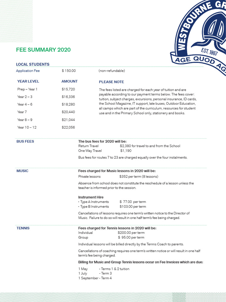 2020 Westbourne Fee Summary | PDF | Fee | Tuition Payments