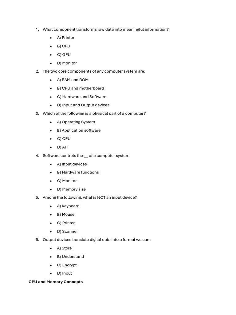 Cse111 Unit 1 Multiple Choice Question | PDF | Random Access Memory | Computer Data Storage