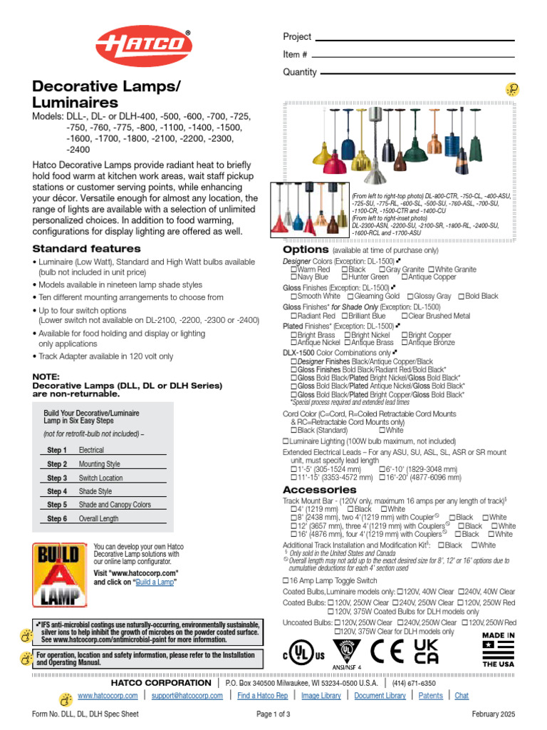 Hatco DL DLH DLL SpecSheet | PDF | Lighting | Electrical Engineering
