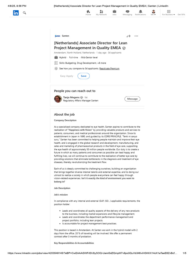(Netherlands) Associate Director For Lean Project Management in Quality ...