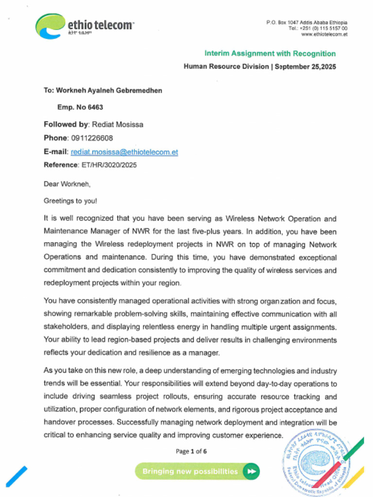 Wireless Network Rollout Director Interim Assignment-Mr. Workenh ...