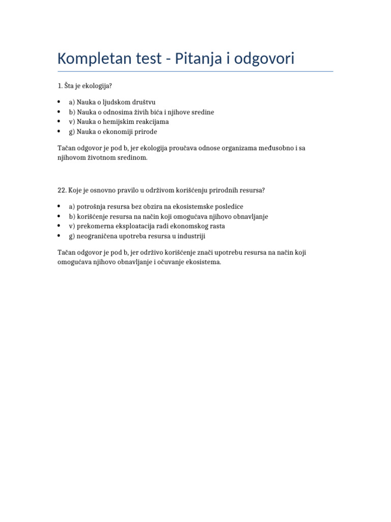 Kompletan Test Pitanja Odgovori | PDF