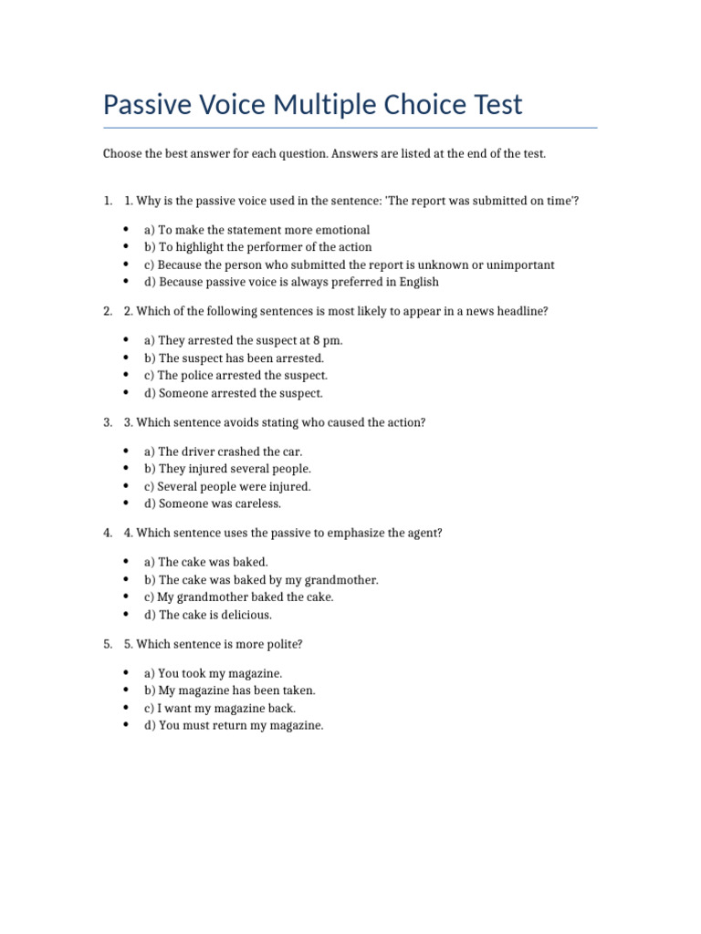Passive Voice Test MCQ | PDF