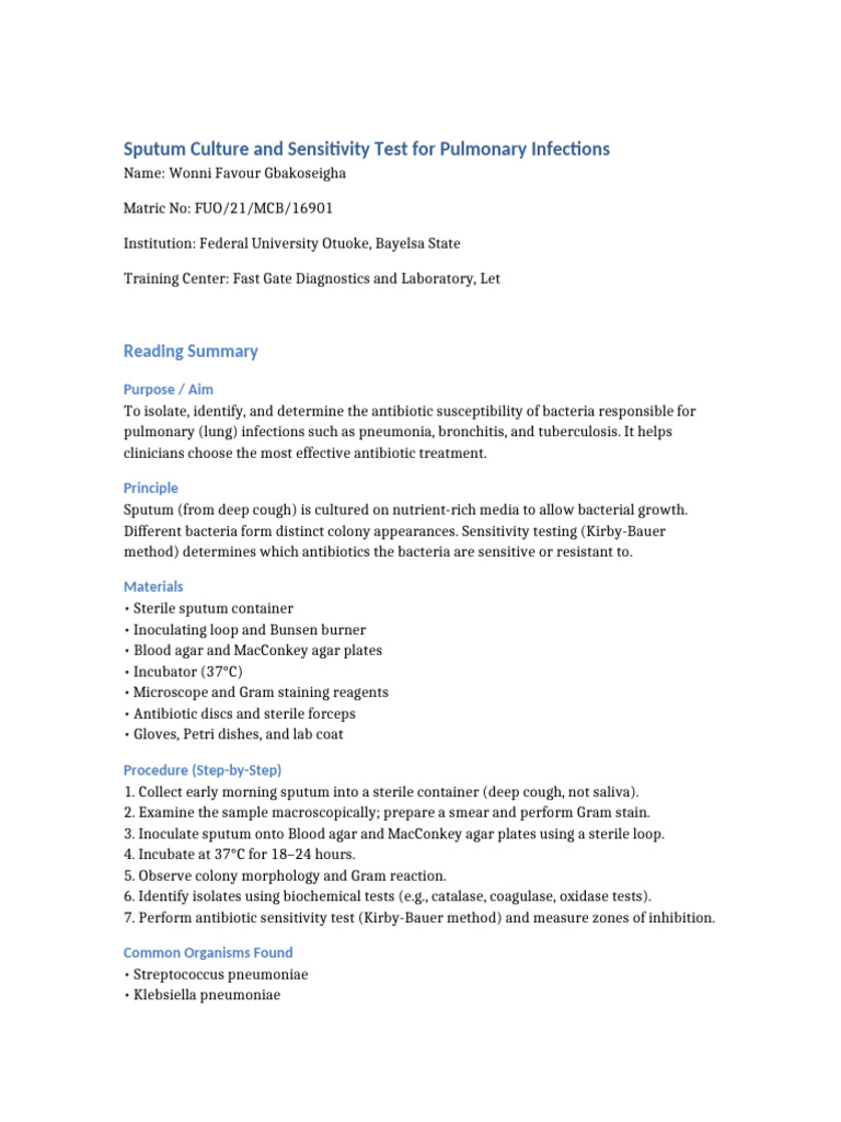 Sputum Culture Sensitivity Reading Summary Wonni Favour Gbakoseigha | PDF