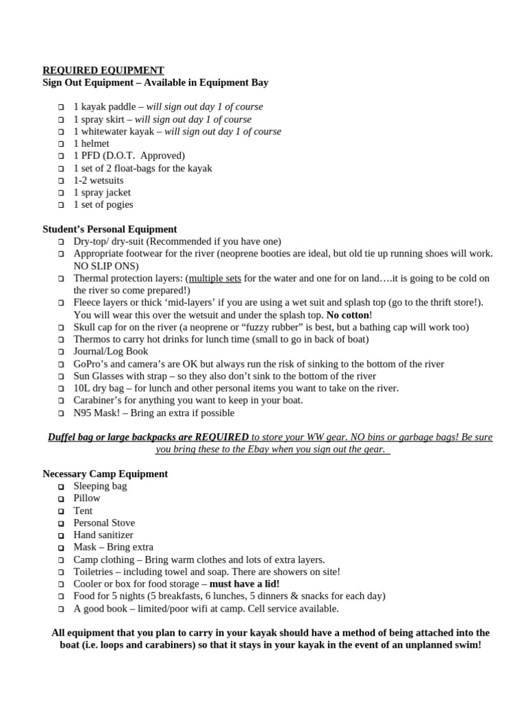 Essential Whitewater Kayaking Gear List | PDF