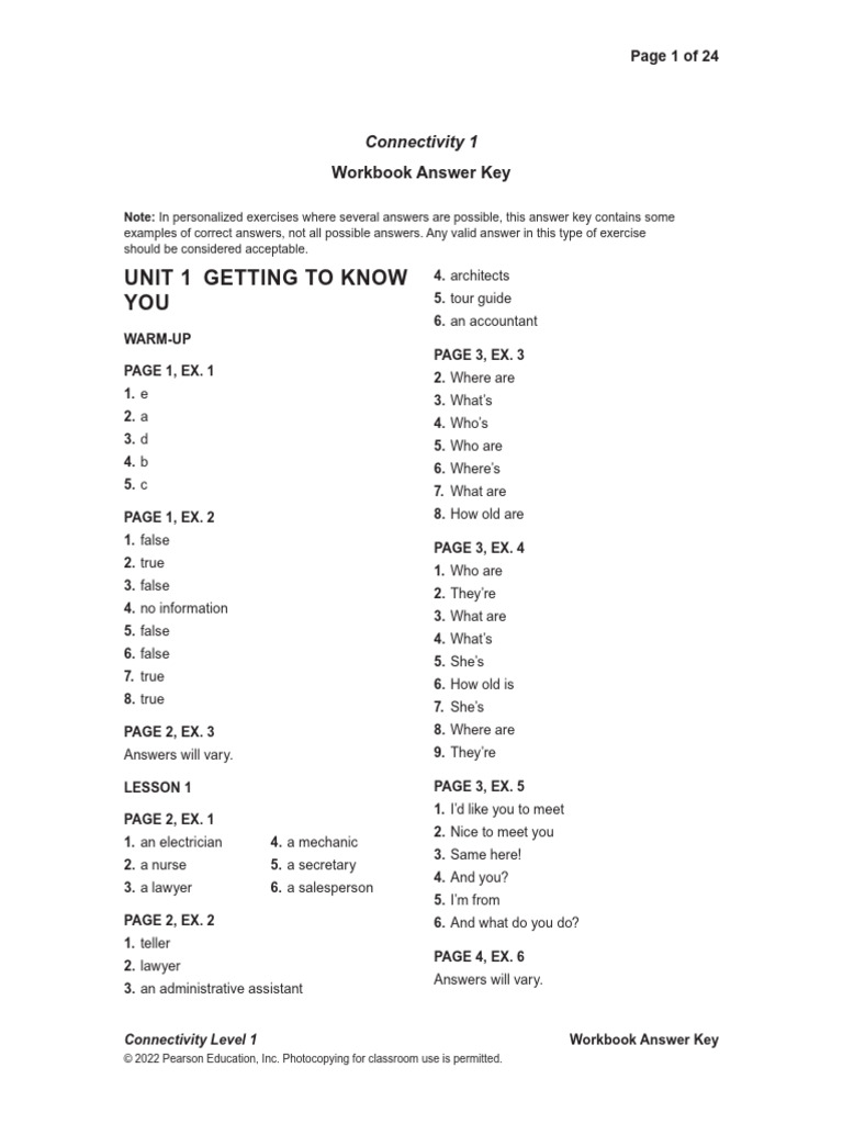 Connectivity Level 1 - Workbook - Answer - Key - SplitA | PDF | Food And Drink Preparation | Cooking