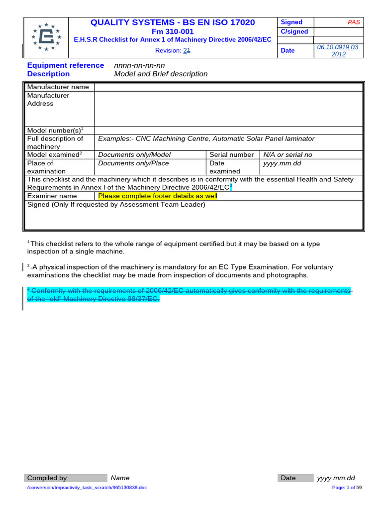 D1_Fm_310-001_EHSR_checklist | PDF | Risk | Machines