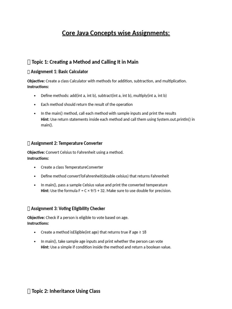 Core Java Concepts Wise Assignment1 | PDF | Method (Computer Programming) | Inheritance (Object ...