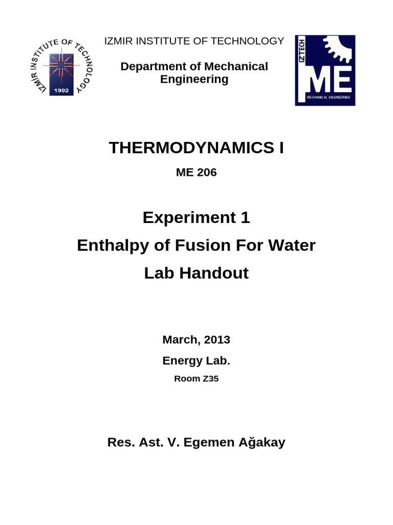 Experiment 1 Enthalpy of Fusion Water | PDF | Heat | Enthalpy