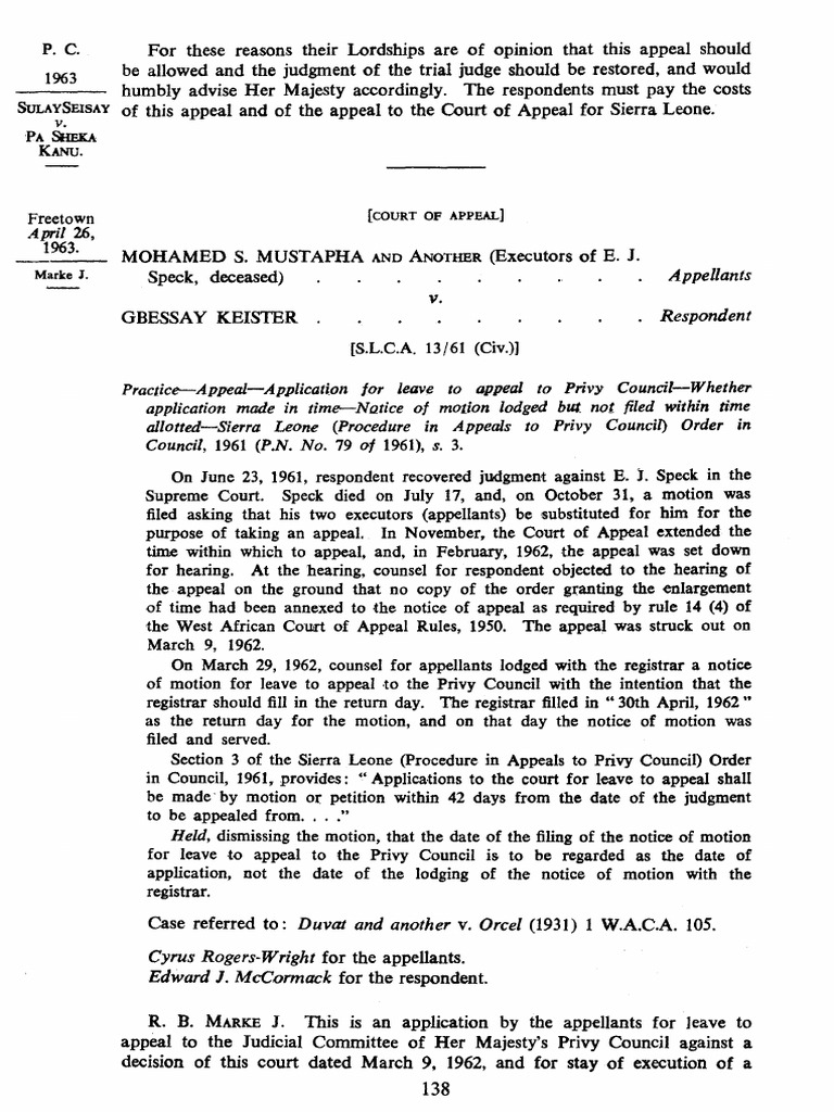 Mohamed S Mustapha Another V Gbessay Keister (SLCA 13 of 1961) 1963 ...