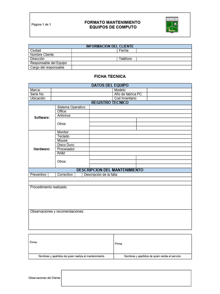 Formato Mantenimiento PC2 | PDF