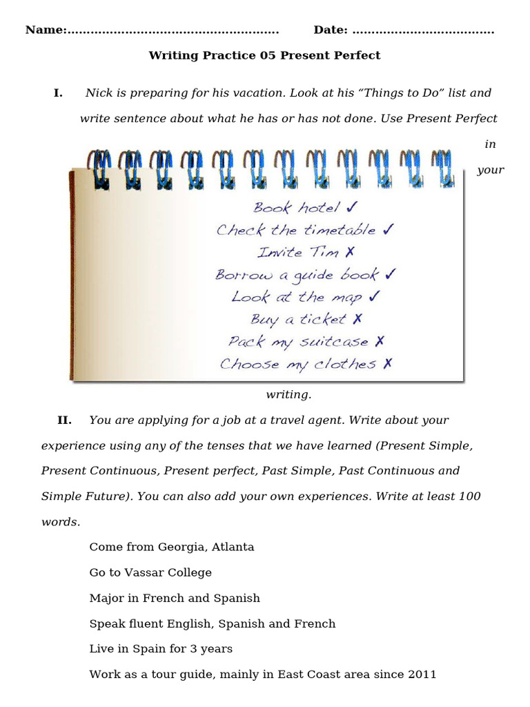 Present Perfect Writing Practice Guide | PDF