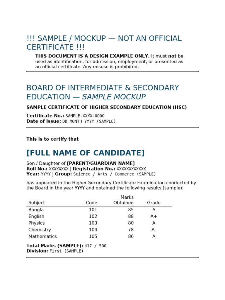 Sample Higher Secondary Certificate Mockup | PDF