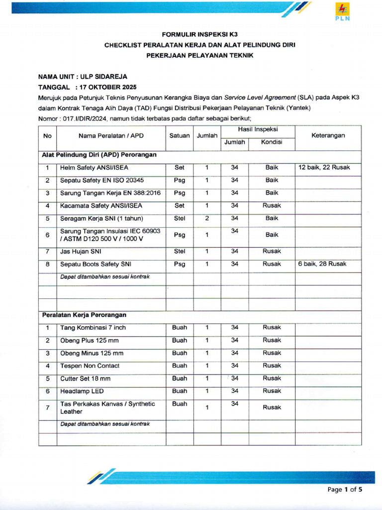 BA Checklist Alat Sidareja - Oktober | PDF
