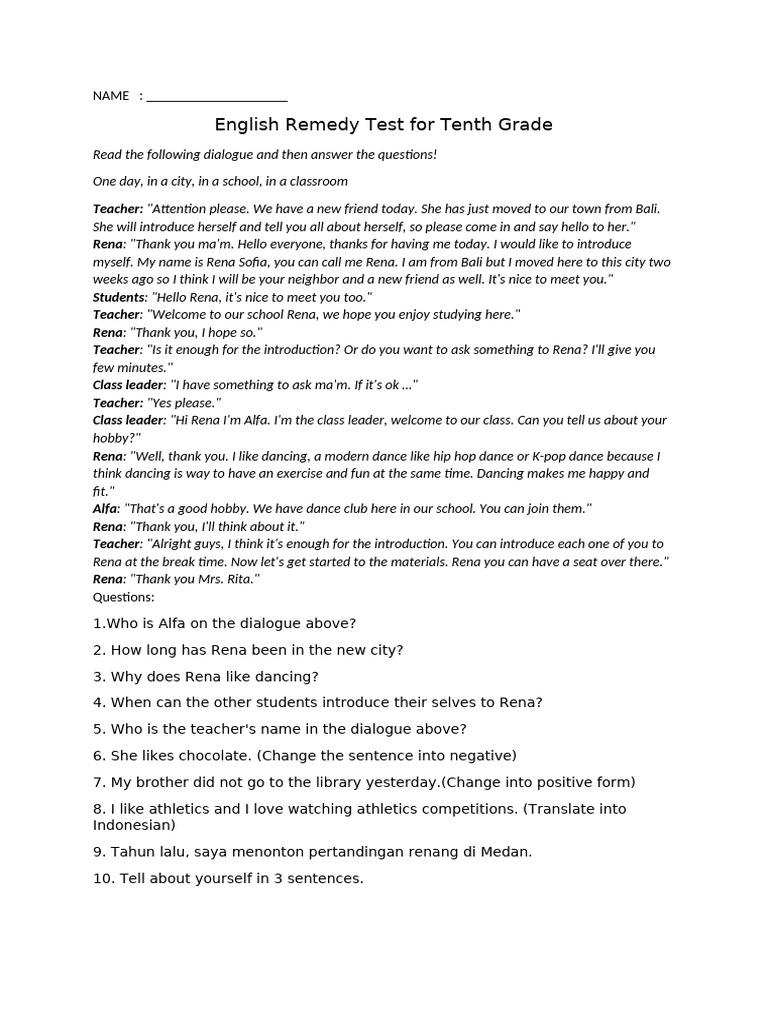 Tenth Grade English Introduction Test | PDF