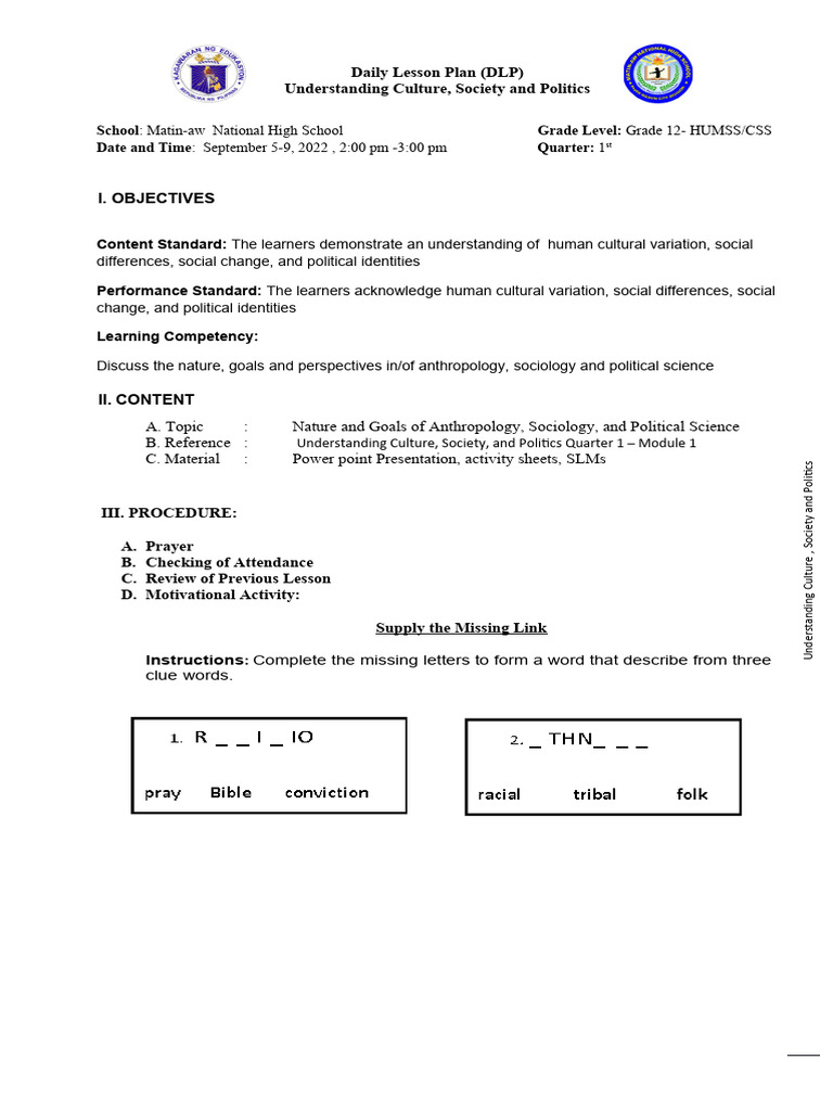 _DLP-ucsp-week-1-pdf- | PDF | Lesson Plan | Teachers