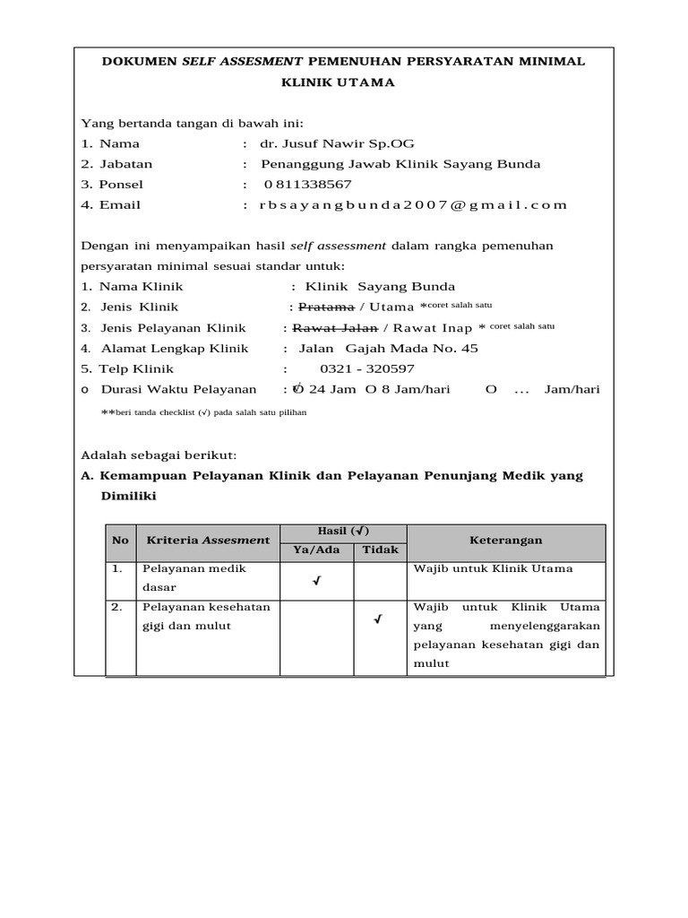 Dokumen Self Assesment Pemenuhan Persyaratan Minimal Klinik Pratama-2 | PDF