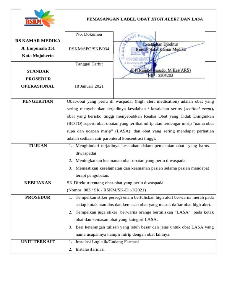 Pemasangan Label Obat High Alert dan LASA | PDF