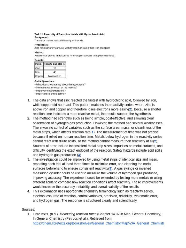 Task 11 - Reactivity of Transition Metals With Hydrochloric Acid | PDF ...