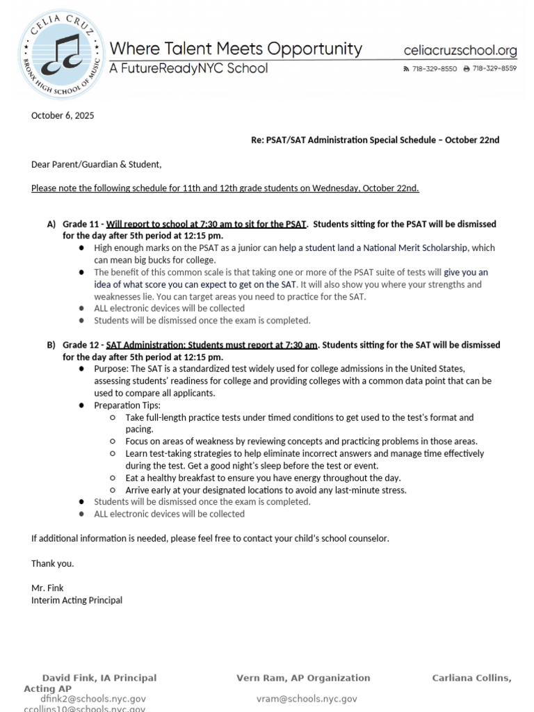 PSAT/SAT Schedule for October 22nd | PDF | Sat | Psat/Nmsqt