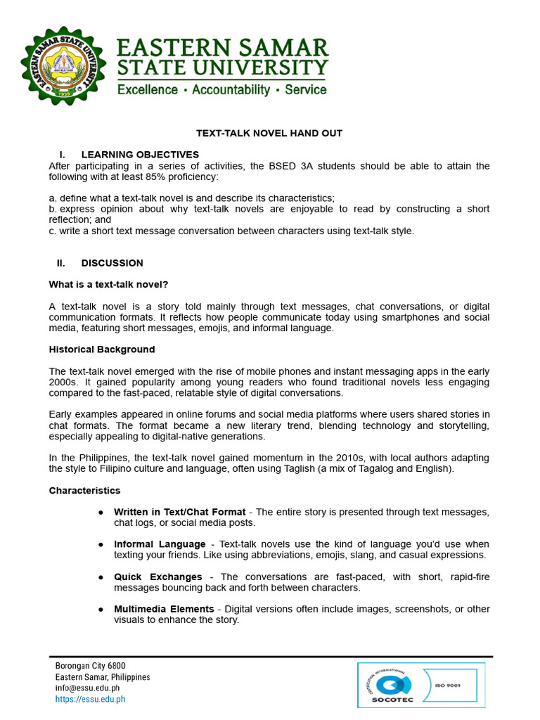 Text Talk Novel Handout | PDF | Novels | Text Messaging