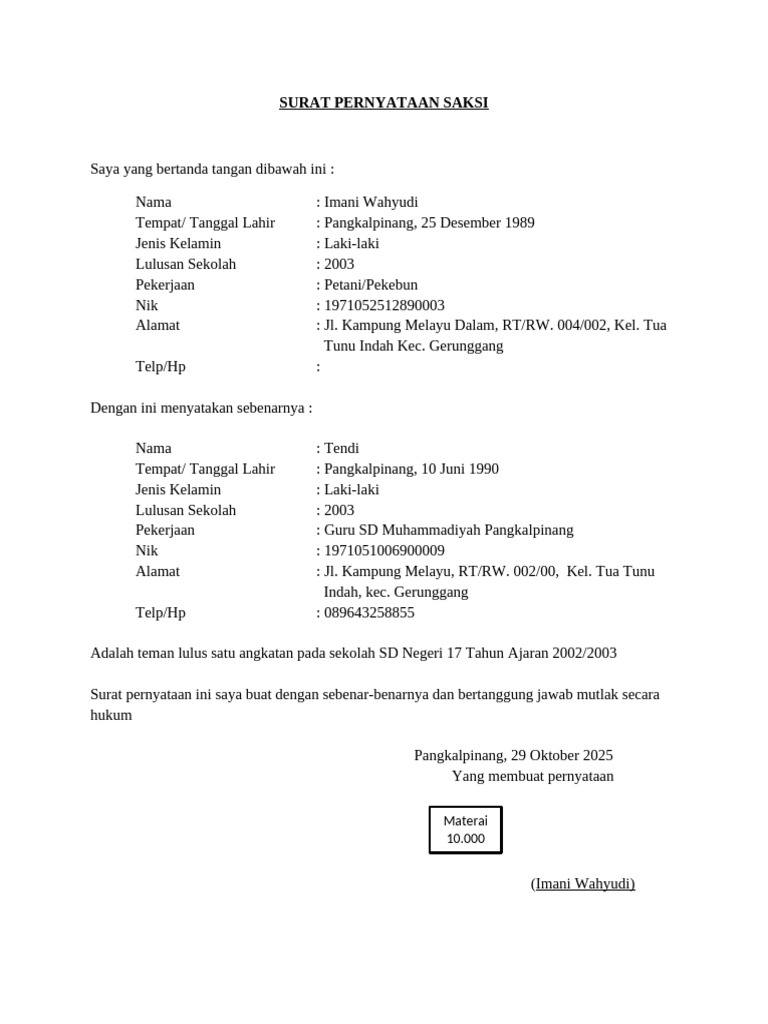 Surat Pernyataan Saksi stpjm1 | PDF